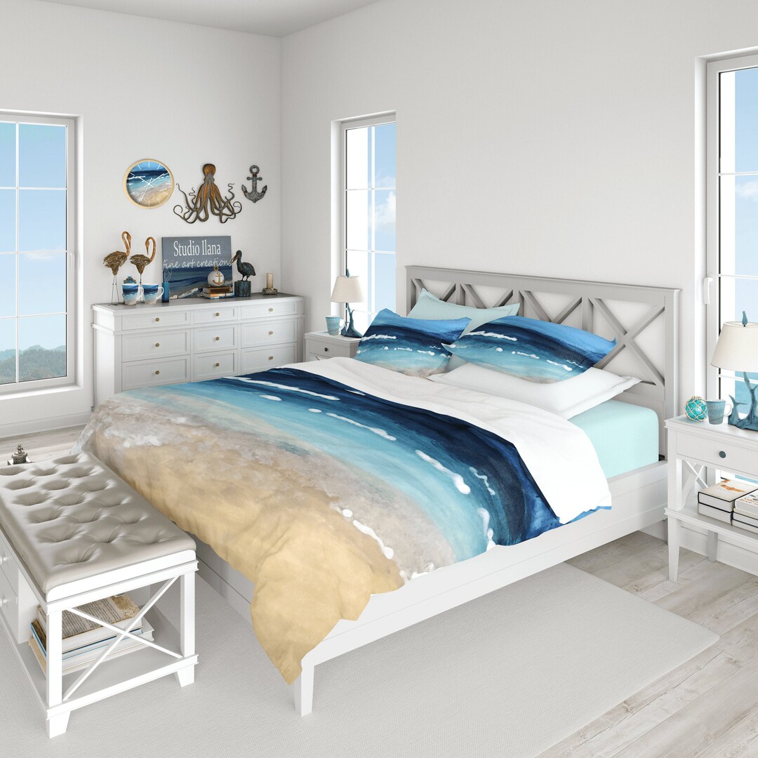 Aqua Ocean Duvet Cover: Coastal Beach Art, Cotton Sateen - Etsy