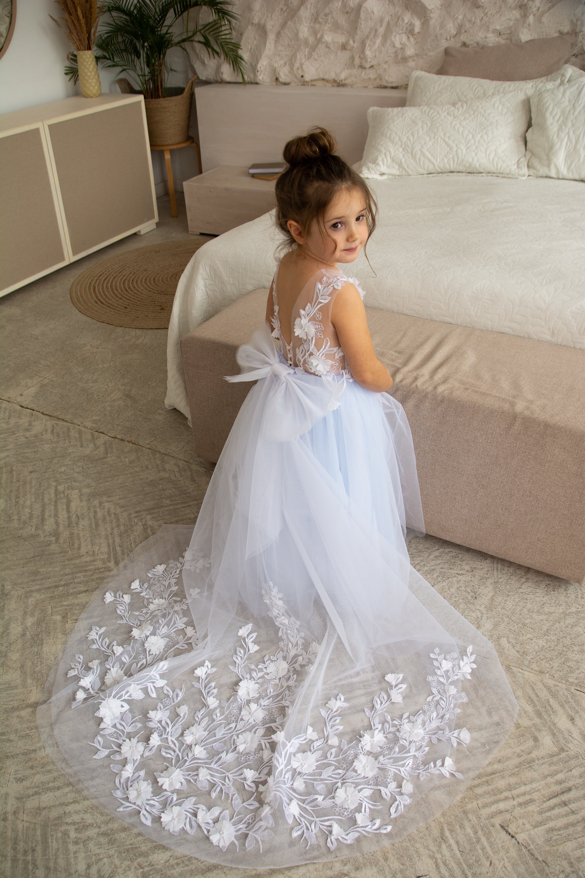 Light Blue Flower Girl Dress, White Flower Girl Dress, Puffy Baby Girl ...