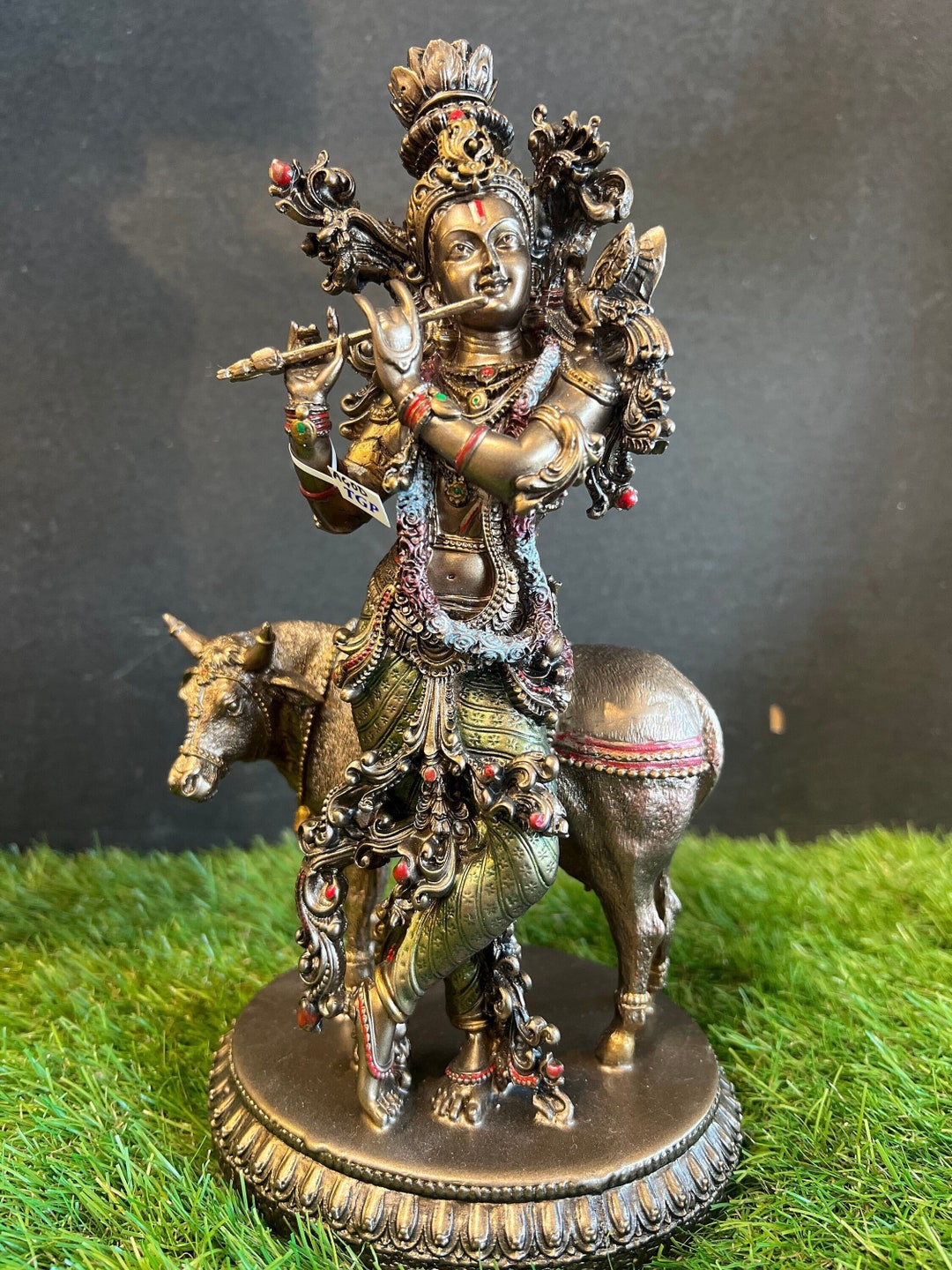 Lord Krishna Statue With Cow, 27CM Hand Painted Cold Cast Resin Cow ...