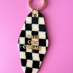 Café Con Chisme Retro Motel Keychain , Acrylic, Checkered, Checkers ...
