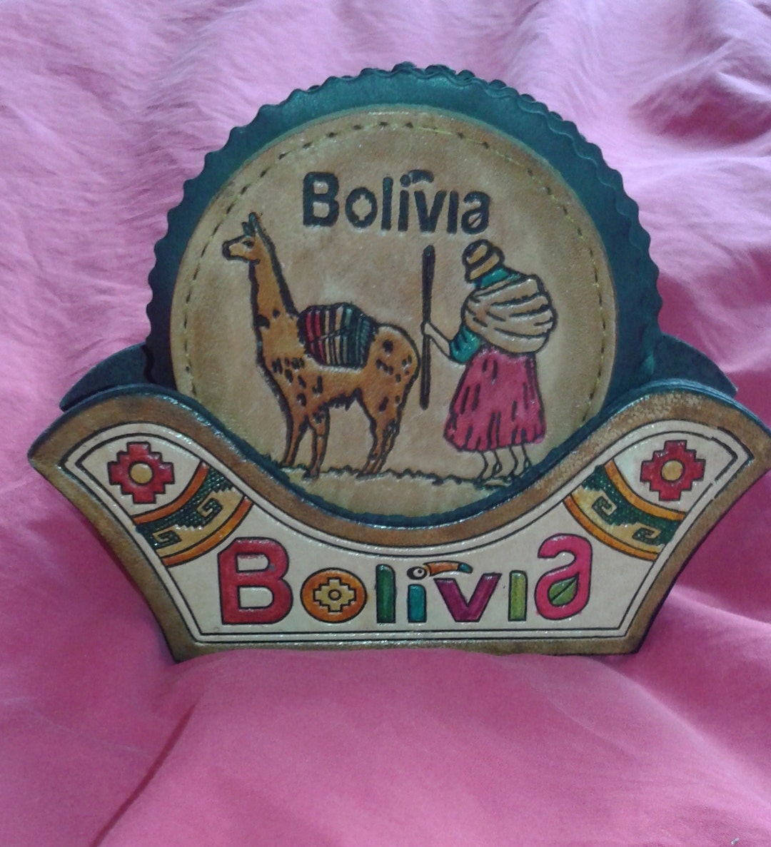 Set of 6 Bolivian Hand Painted Leather Coasters in a Wooden Holder ...