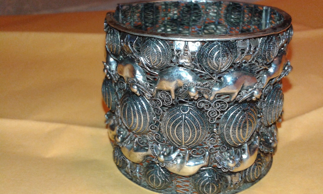 Antique Solid Sterling Silver Indian Bangle, Filigree of Exotic Fauna ...