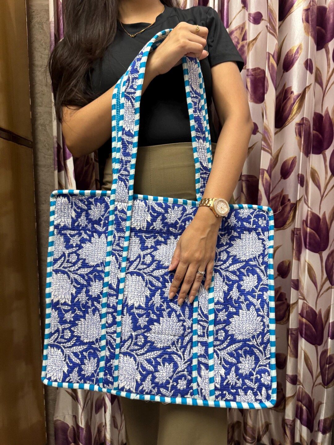 Indian Tote Bags Quilted Handmade Cotton Block Printed Large Shoulder ...