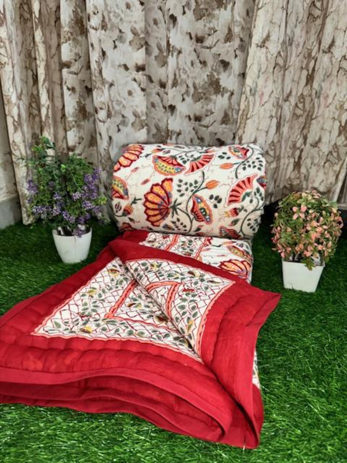 Indian Jaipuri Quilt, Floral Razai Cotton Handmade Quilt, Couch Spread ...
