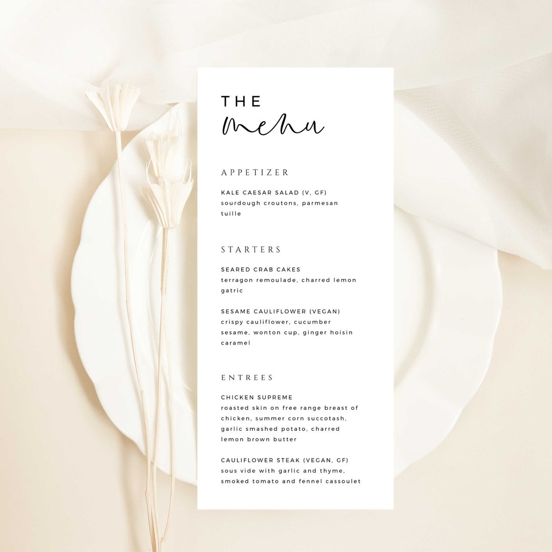 Modern Minimalist Menu Cards Template, Table Decor, Bridal Shower Menu ...
