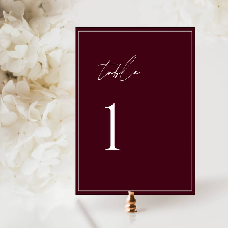 Burgundy Marsala Minimalist Wedding Table Numbers Template INSTANT ...