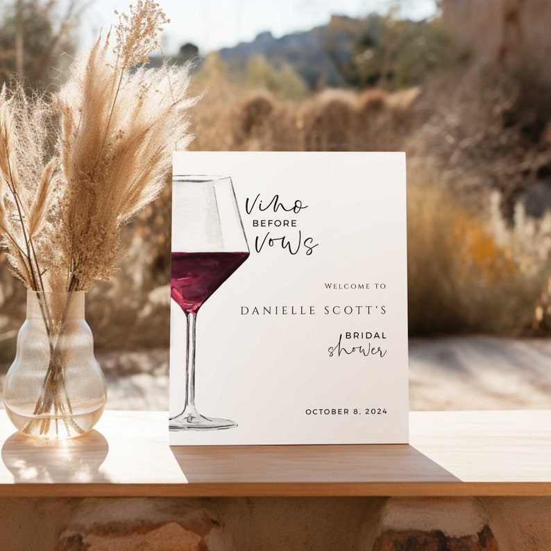 Modern Minimalist Wine Bridal Shower Welcome Sign Template, Vino Before Vows, Decorations ...