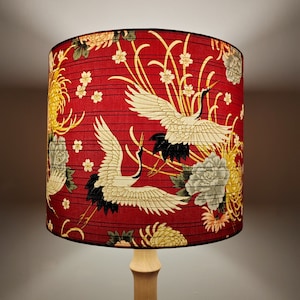 Red Japanese Crane Lampshade | Handmade Drum Shade, Gold Accents - Etsy