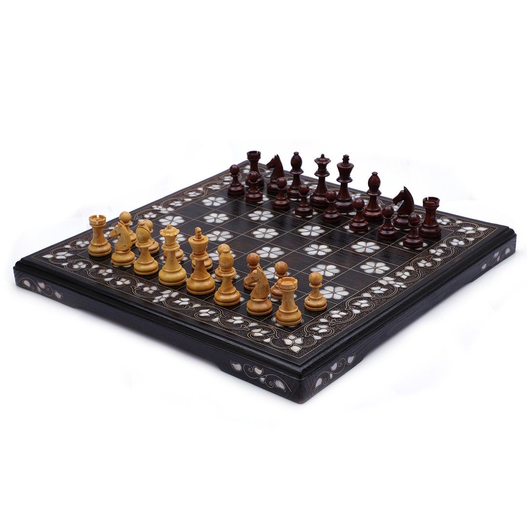 19.3" Handmade Wooden Flat Chess Set - White Mother of Pearl Inlaid ...