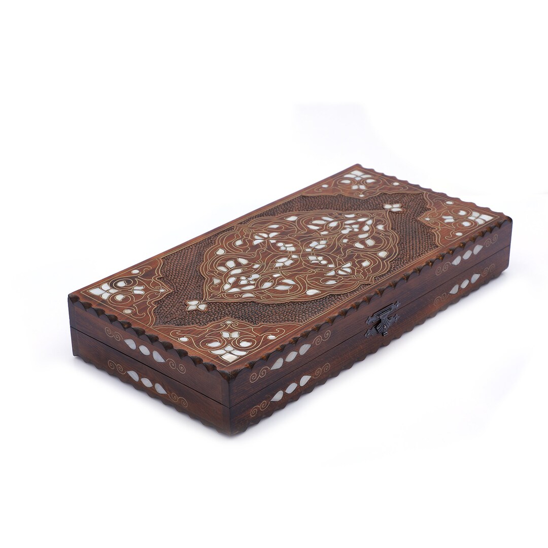 Handmade Walnut Backgammon Set: Mother of Pearl Inlay, Turkish Ornament ...