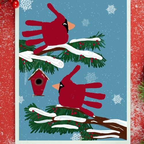 Snowy Cardinal Handprint Art Craft PRINTABLE Christmas - Etsy