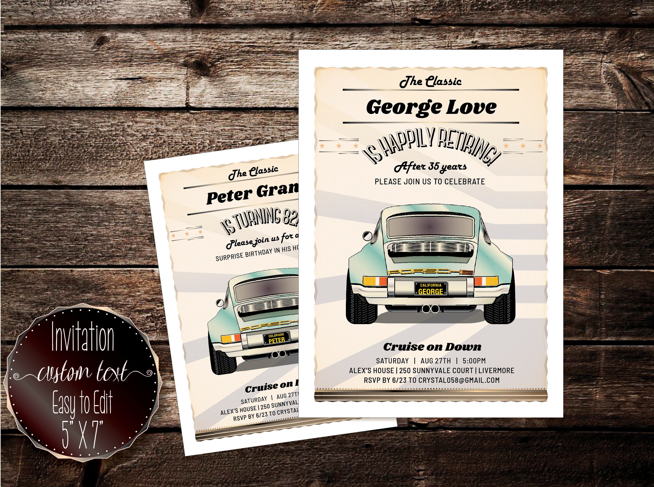 Retirement / Birthday Party Invitation, Porsche Classic Car, Vintage ...