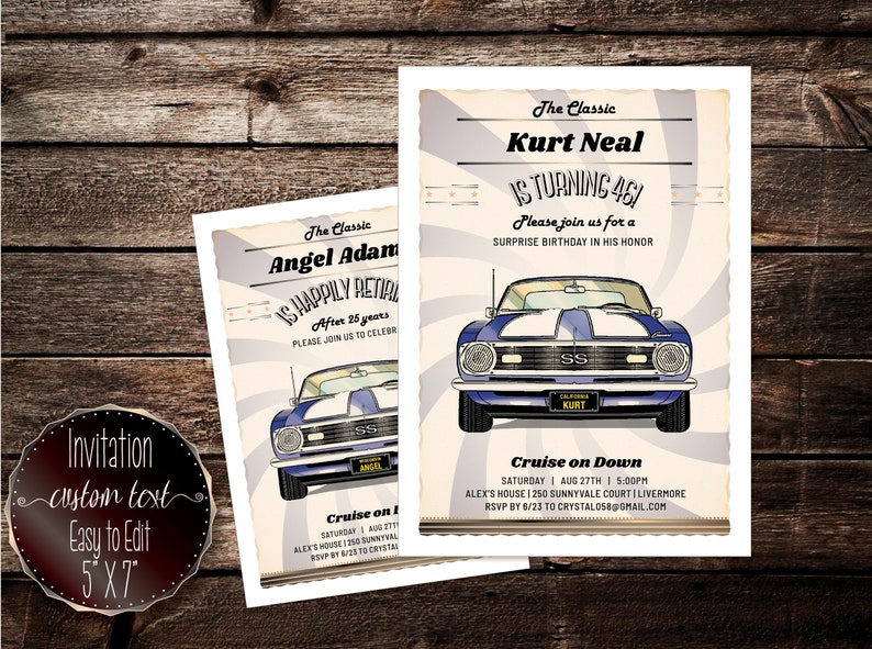 Retirement / Birthday Party Invitation, Camaro Classic Car, Chevrolet ...