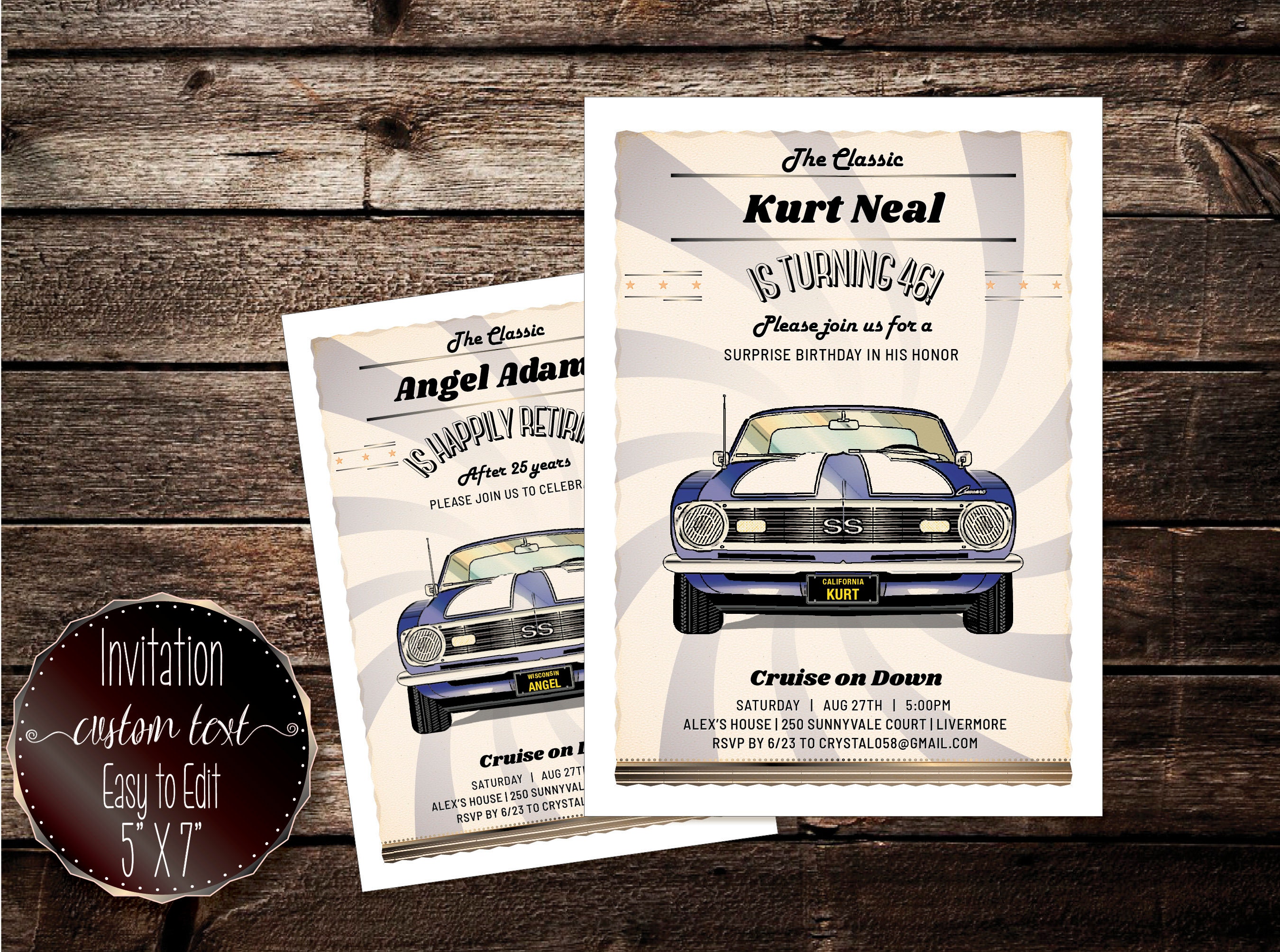 Retirement / Birthday Party Invitation, Camaro Classic Car, Vintage ...