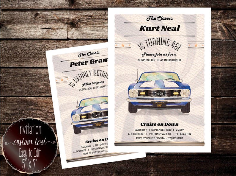 Retirement / Birthday Party Invitation, Camaro Classic Car, Chevrolet ...