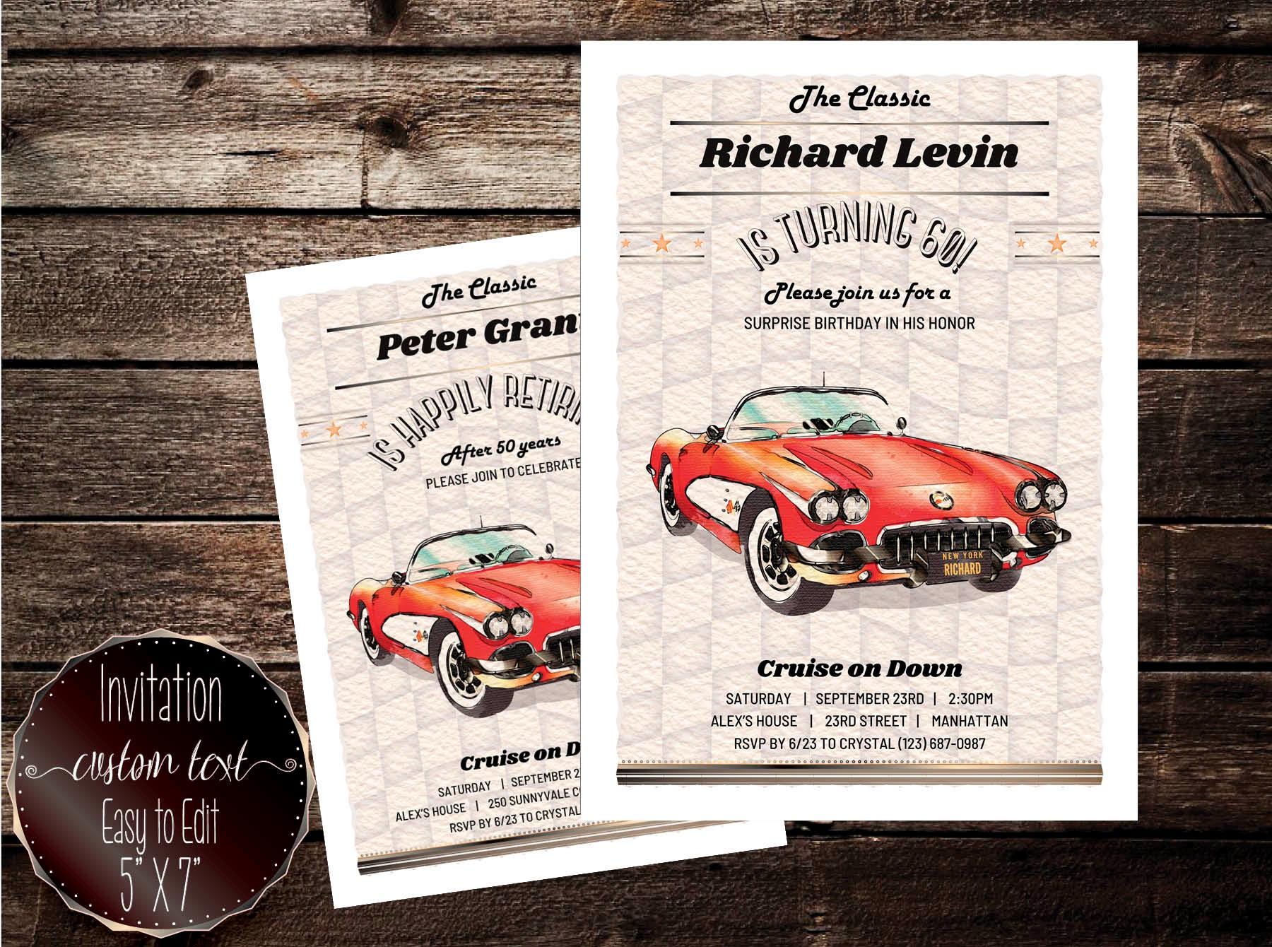 Retirement / Birthday Party Invitation, Corvette Classic Car, Vintage ...