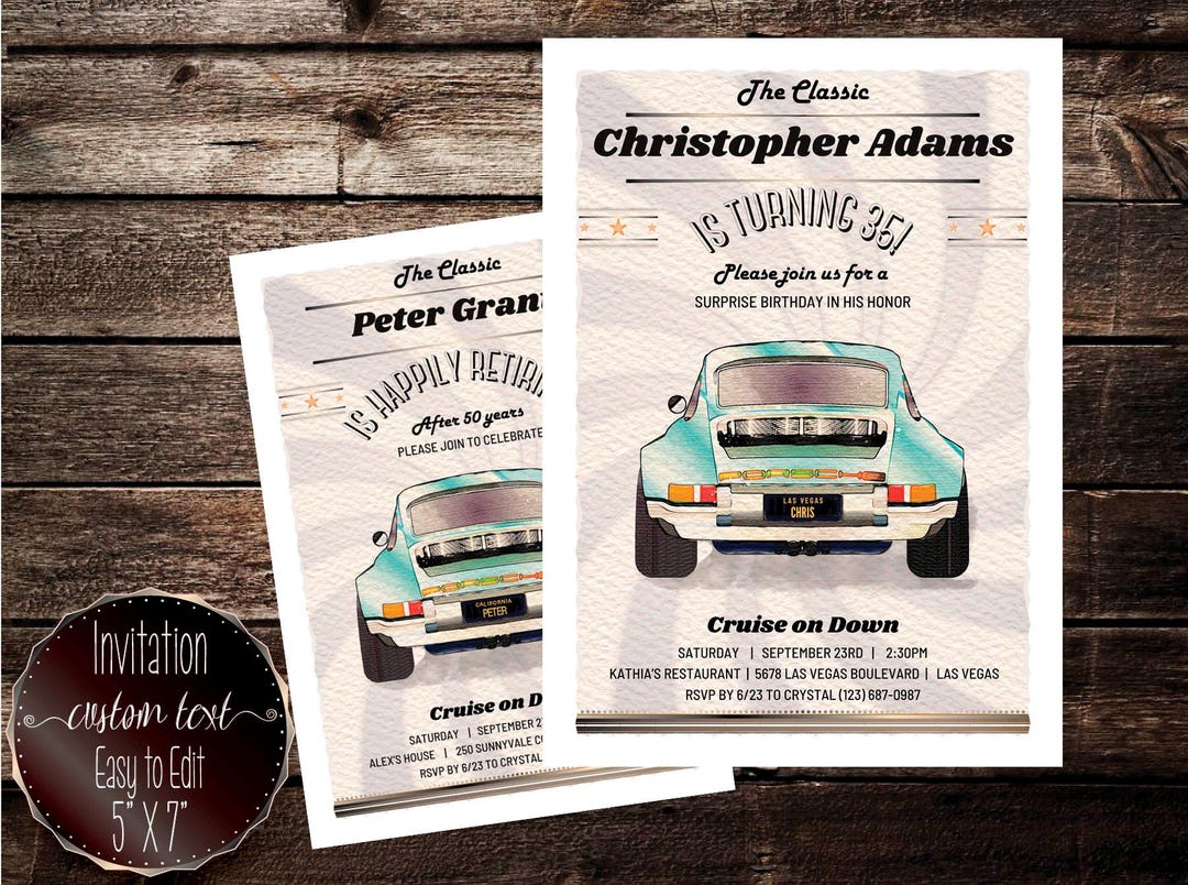 Retirement / Birthday Party Invitation, Porsche Classic Car, Vintage ...