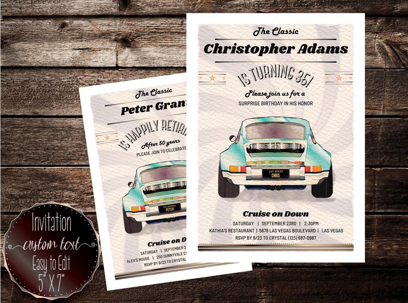 Retirement / Birthday Party Invitation, Porsche Classic Car, Vintage ...