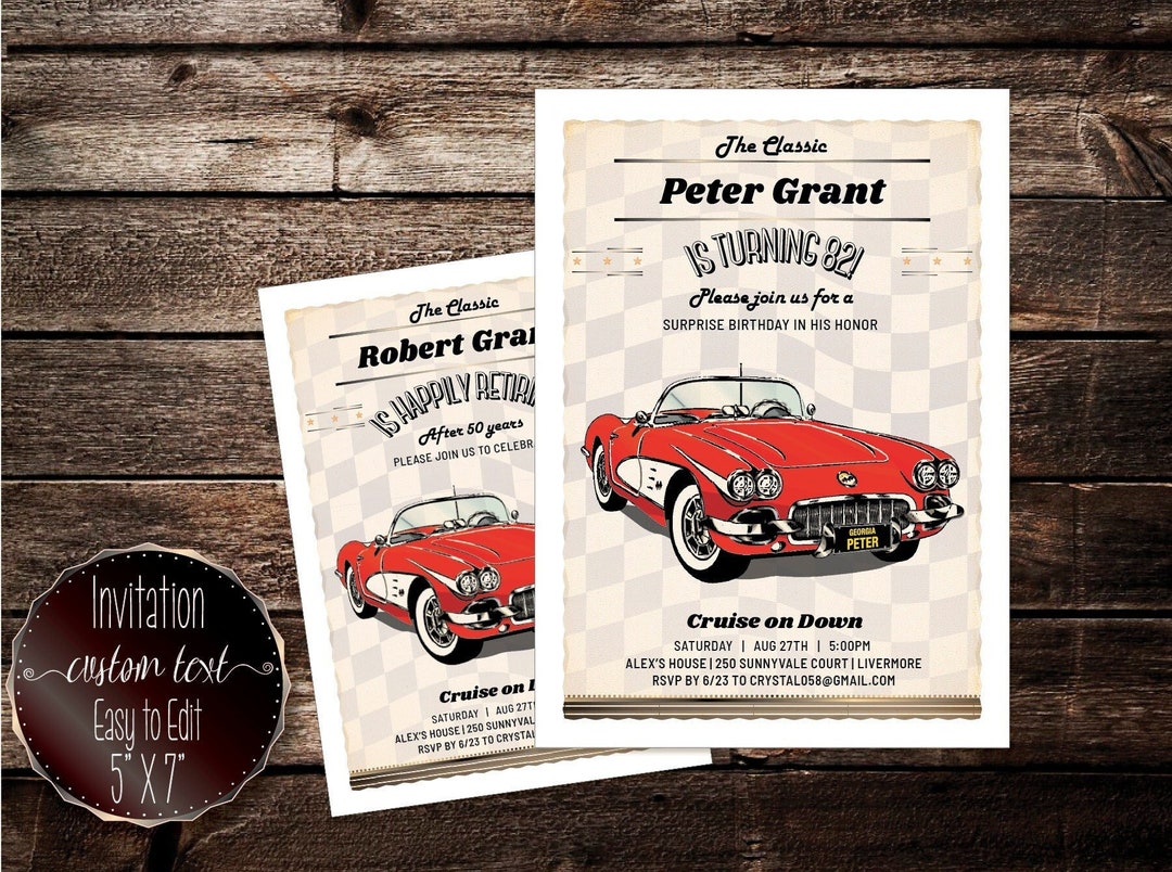 Retirement / Birthday Party Invitation, Corvette Classic Car, Vette ...