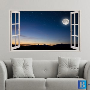 Full Moon Sunset Night Sky Stars Wall Sticker 3D Window Effect View ...
