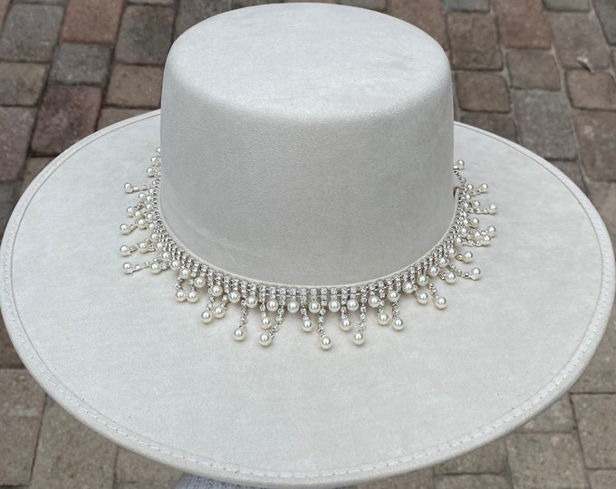 White Boater Hat With Pearl Decor D-38 - Etsy