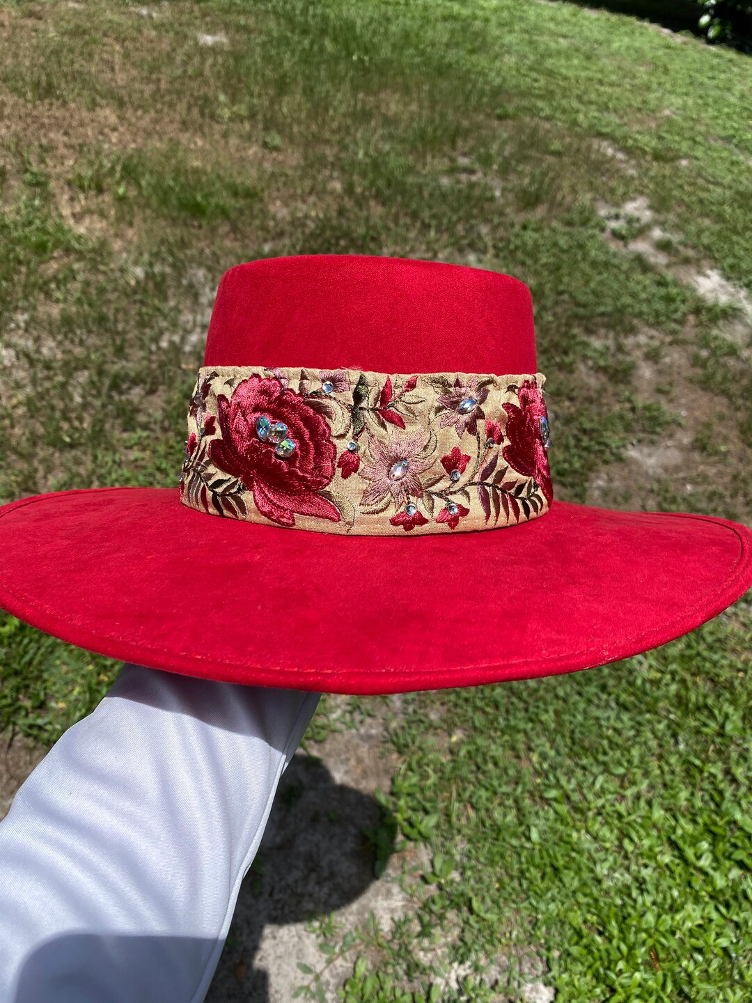Red Beaded Floral Boater Hatd-49 - Etsy