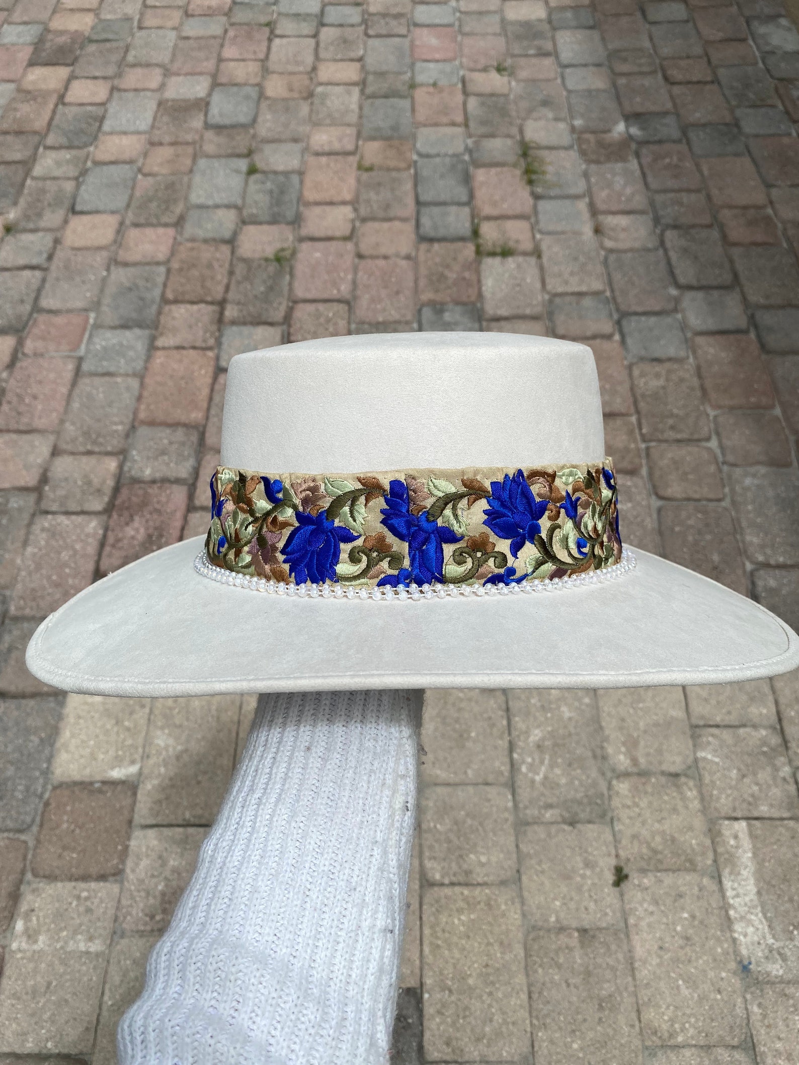 White Boater Hat With a Floral Royal Blue - Etsy