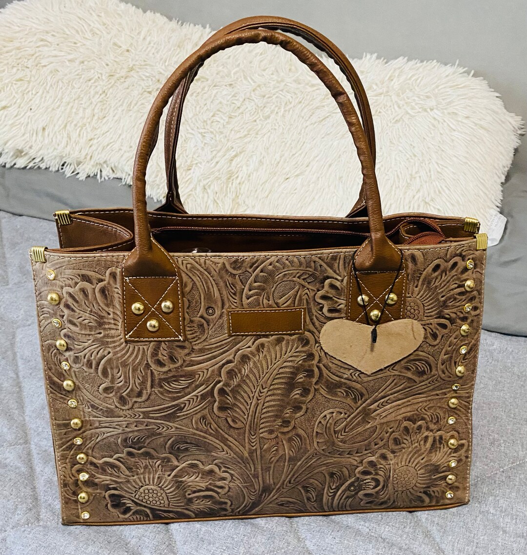 Brown Tooled Leather Purse With Gold Details - Etsy