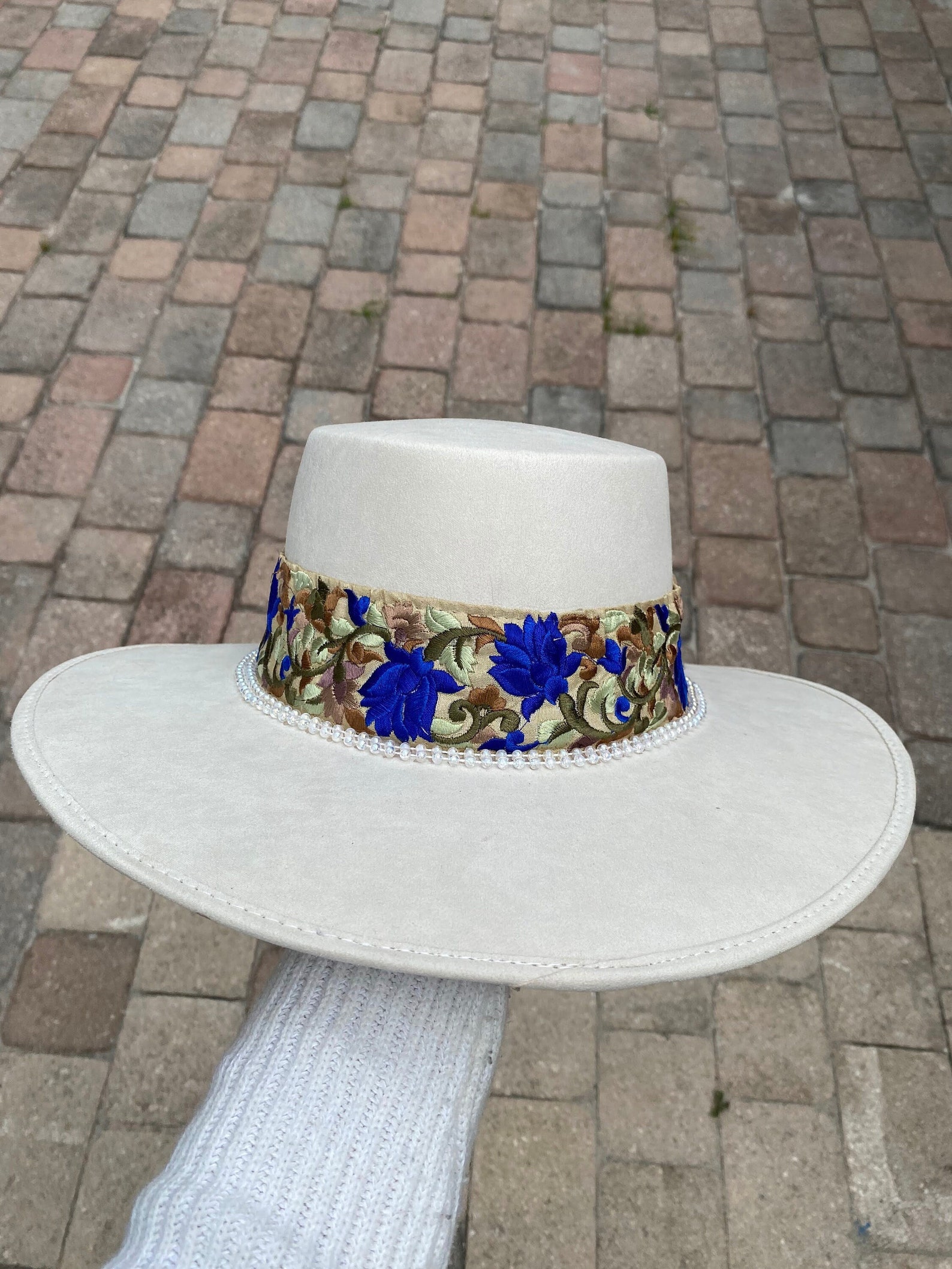 White Boater Hat With a Floral Royal Blue - Etsy