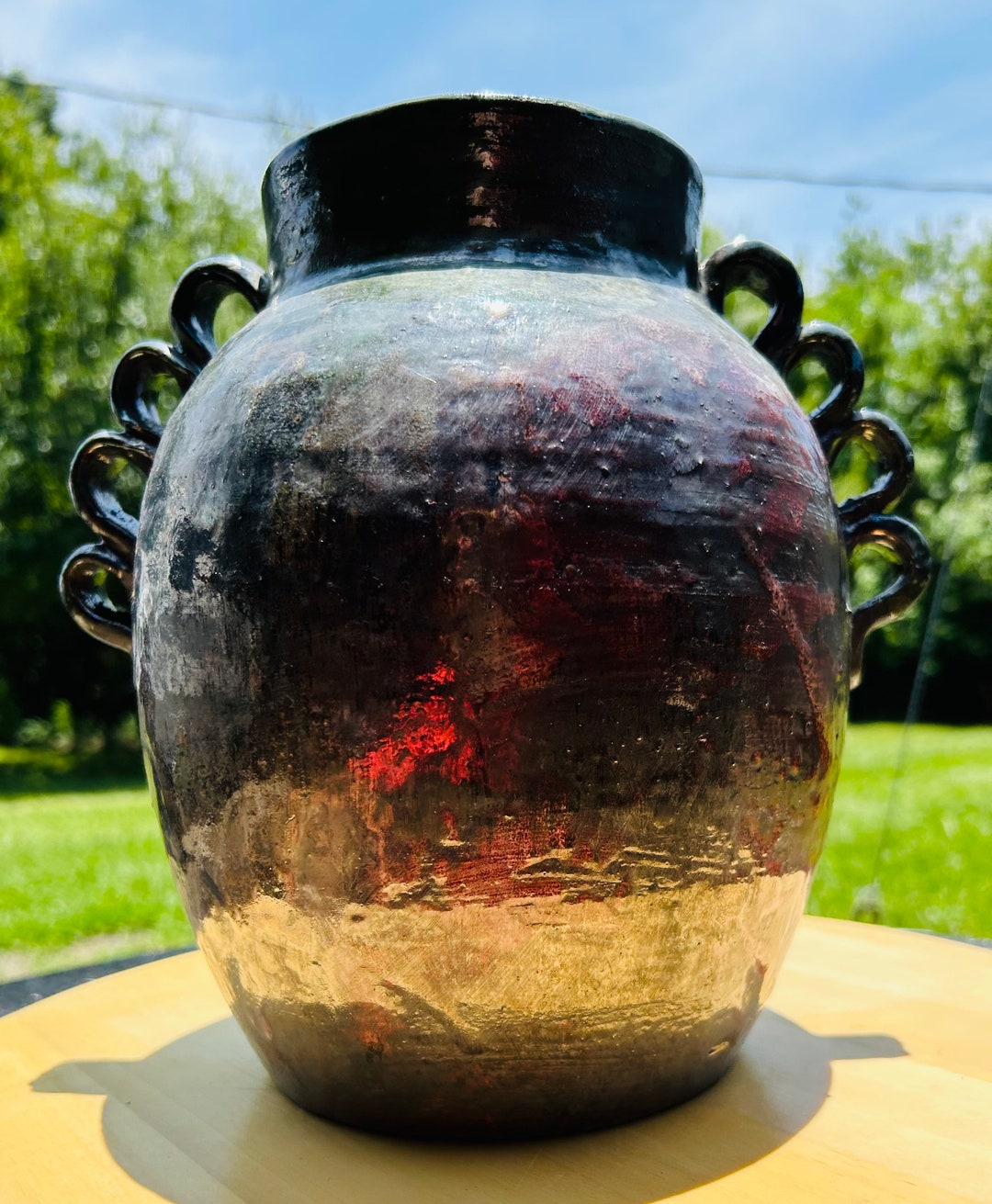 One of the Kind Raku Large Round Iridescent Vase With Snake Handles R ...