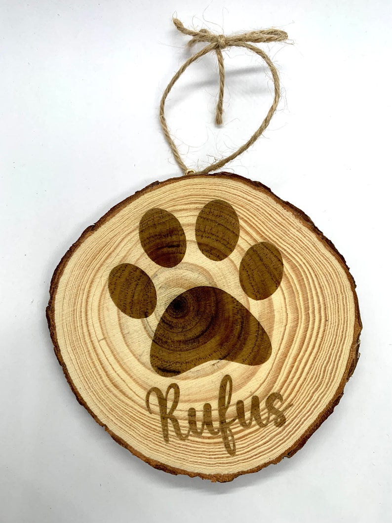 Personalised Pet Name Paw Print Wood Slice Decoration, Engraved Hanging ...