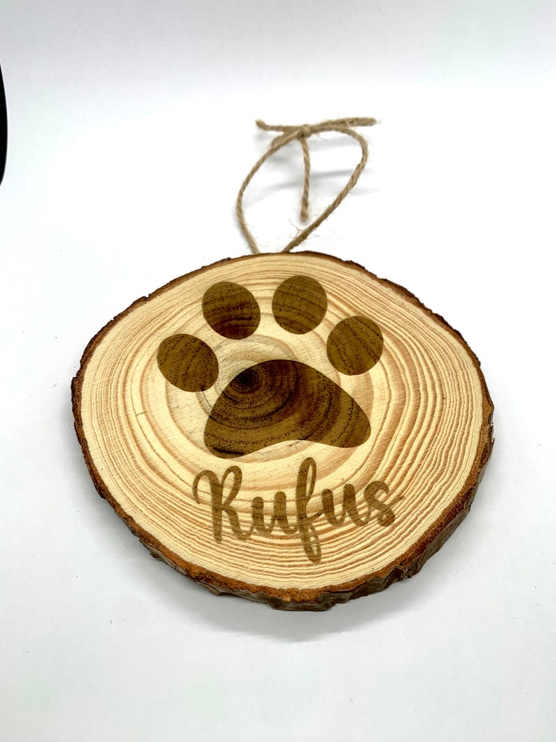 Personalised Pet Name Paw Print Wood Slice Decoration, Engraved Hanging ...