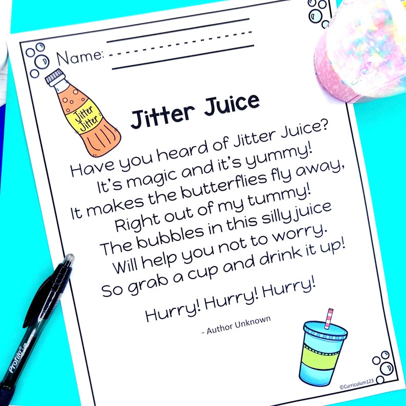 Jitter Juice First Day of School Poem & Recipe (printable) - Etsy