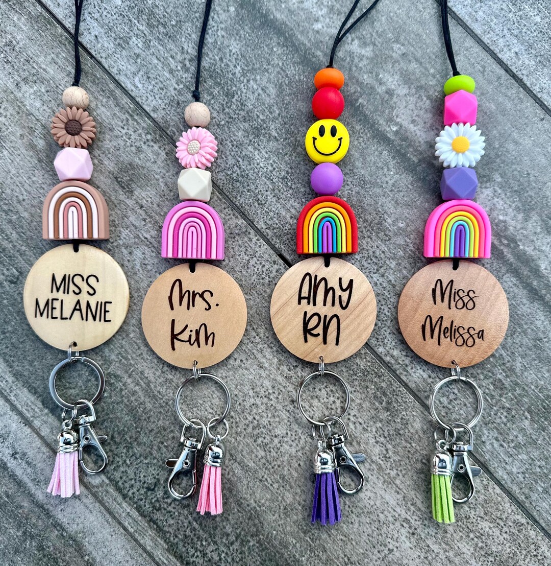 Boho Rainbow Daisy Beaded Teacher Lanyard, ID Badge Holder, Lanyard for ...