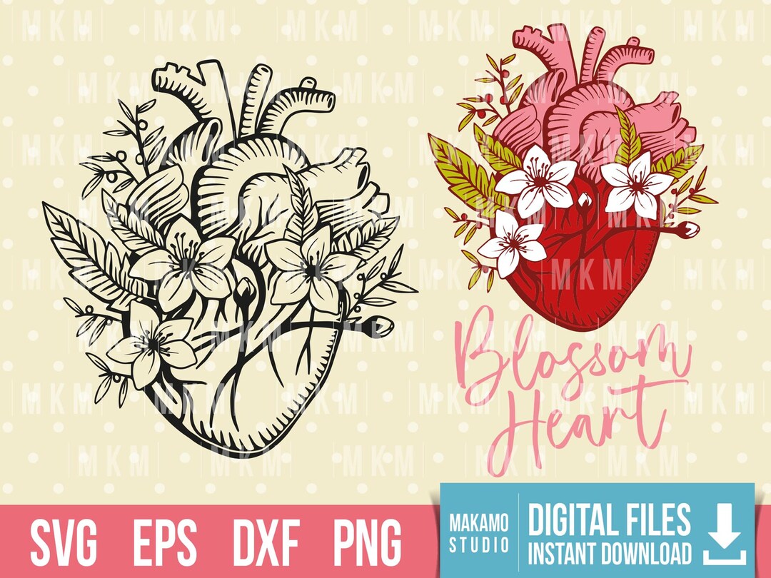 Anatomical Heart With Flowers SVG. Valentine’s Day Heart Design for ...