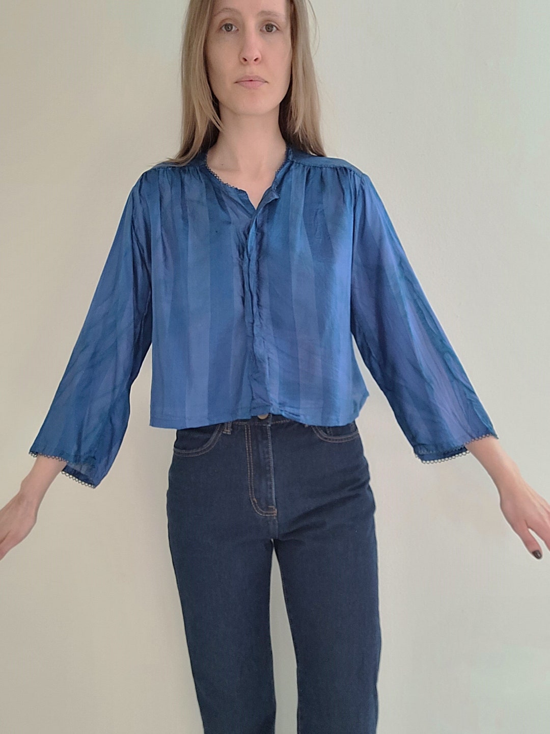 Delicate silk Vintage Blue Boxy Cut Blouse Unisex/women's Small/medium ...