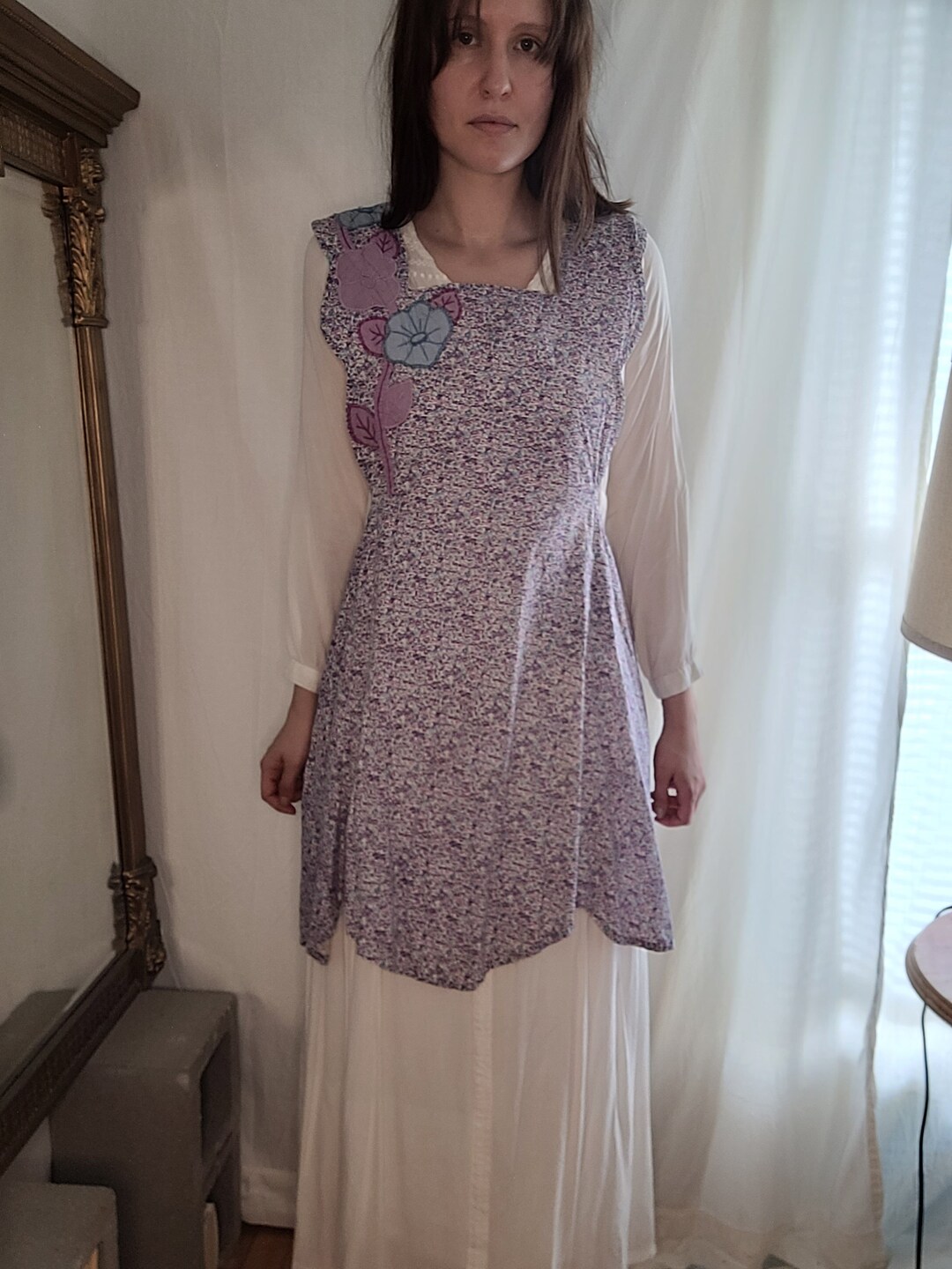 Vintage Sweet Purple Floral Print Tie-back Apron/pinafore With Pocket ...