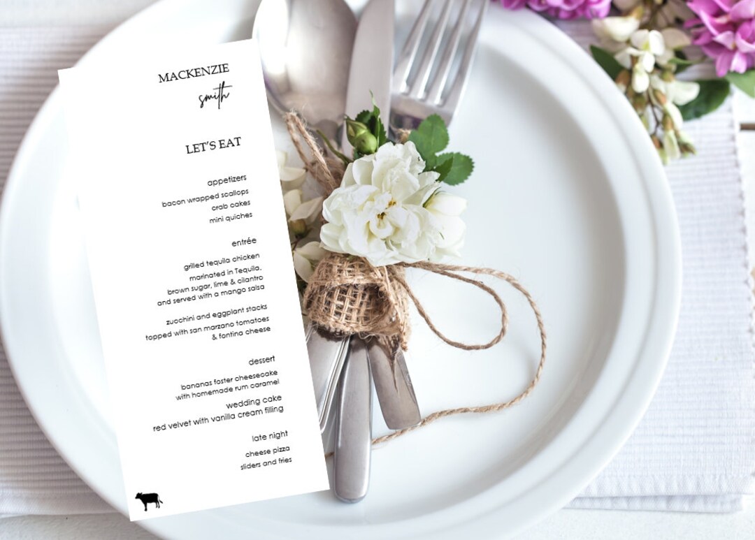 Printed, Wedding Menu Name Place Card, Meal Choice, Guest Name Wedding ...