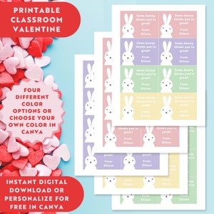 Printable Bunny Valentines Cards Personalized Classroom Valentine's Day ...