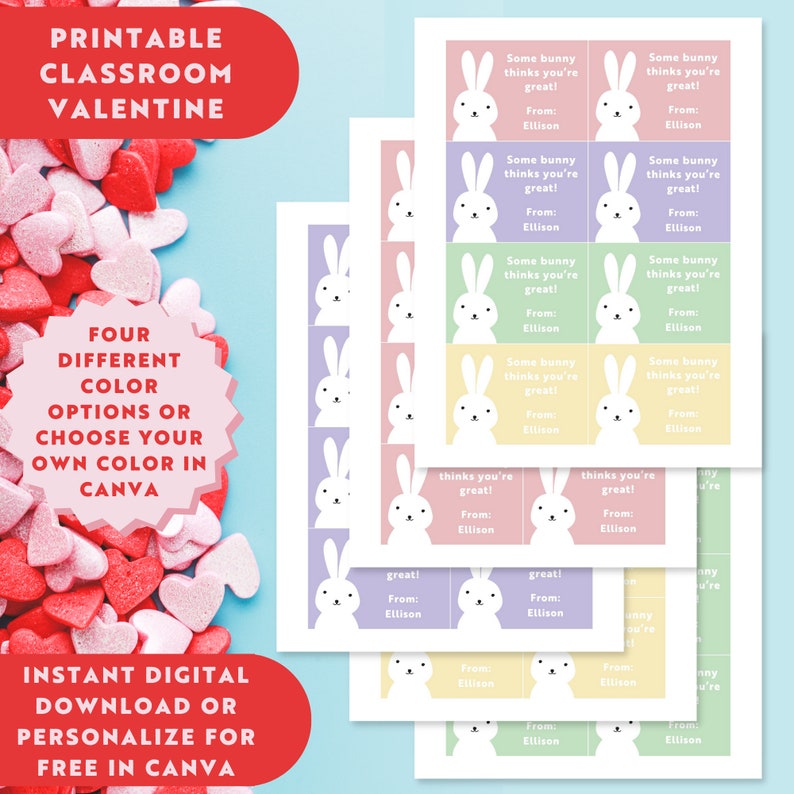 Printable Bunny Valentines Cards Personalized Classroom Valentine's Day ...