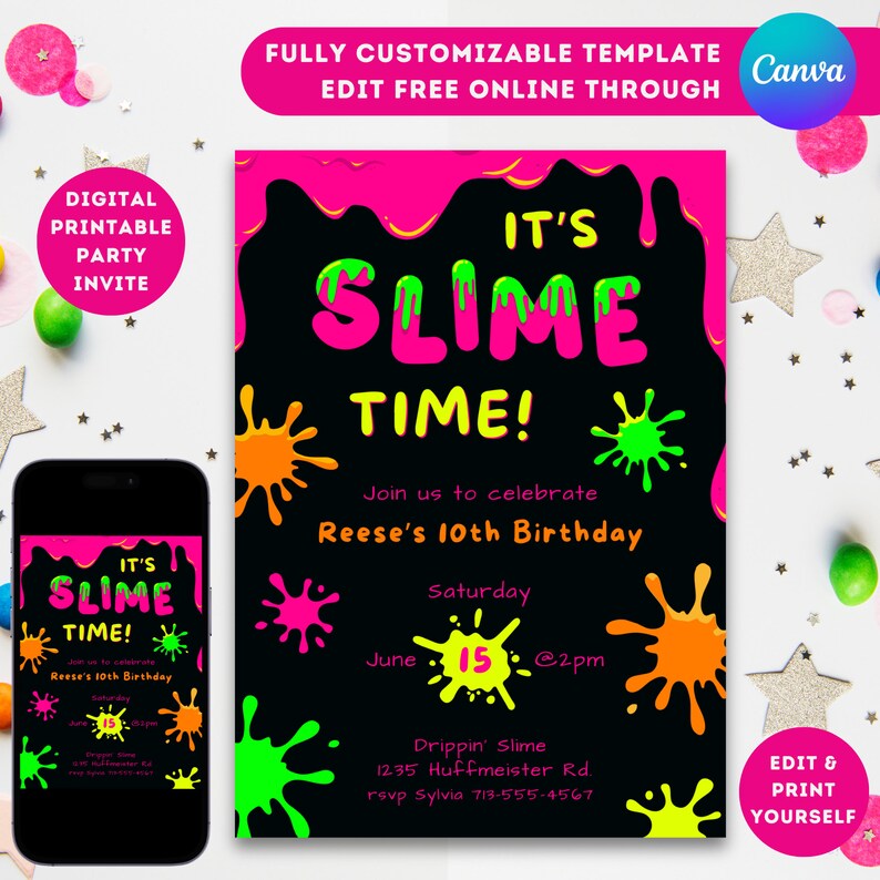 Editable Slime Birthday Party Invitation Template Printable Slime Party ...