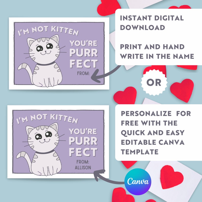 Printable Kitten Valentines Cards Personalized Classroom Valentines Day ...