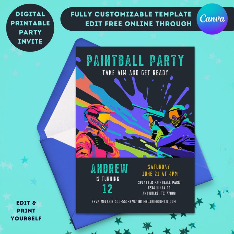 Editable Paintball Birthday Invitation Template Printable Digital Paint ...