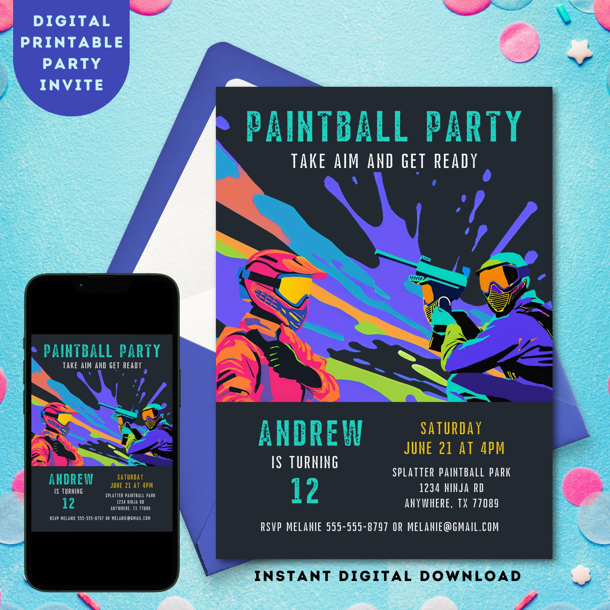 Editable Paintball Birthday Invitation Template Printable Digital Paint ...