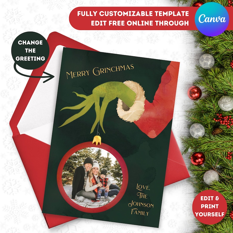 The Grinch Christmas Photo Card Template Editable Grinch Personalized ...