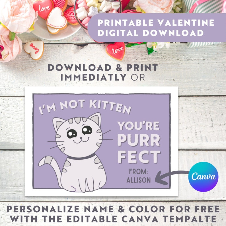 Printable Kitten Valentines Cards Personalized Classroom Valentines Day ...