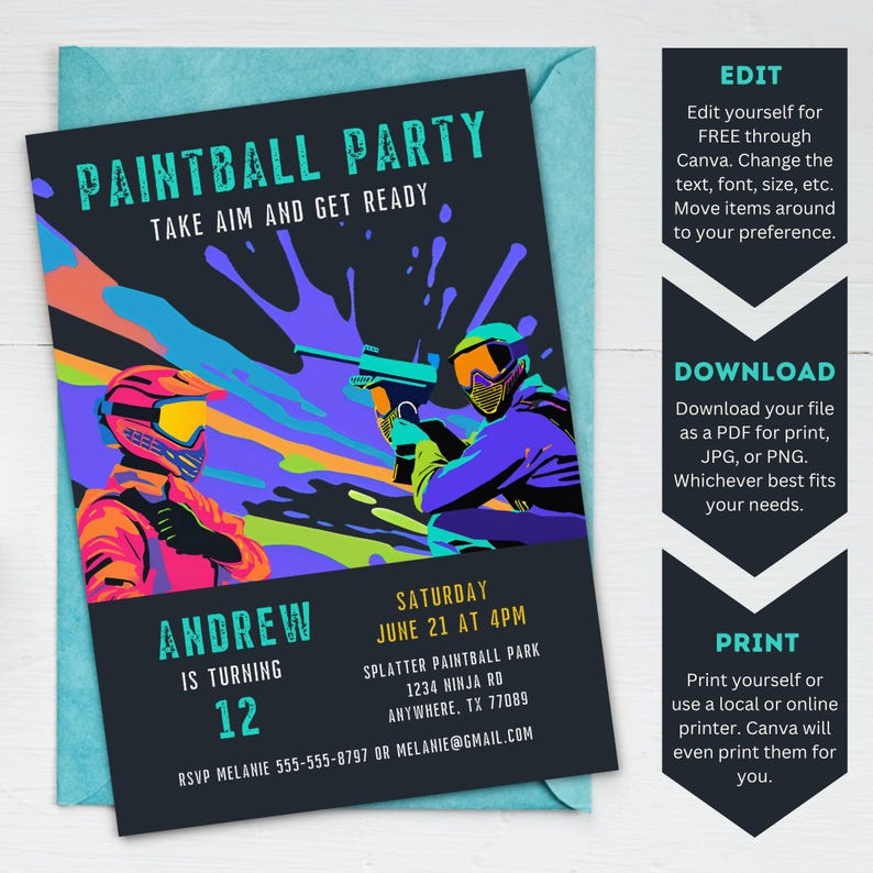 Editable Paintball Birthday Invitation Template Printable Digital Paint ...