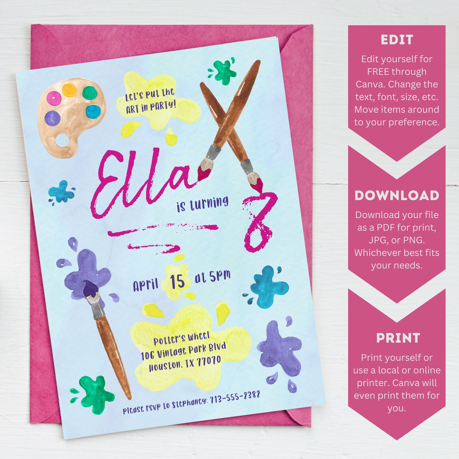 Editable Painting Party Invitation Art Birthday Girl Invite Craft Party ...