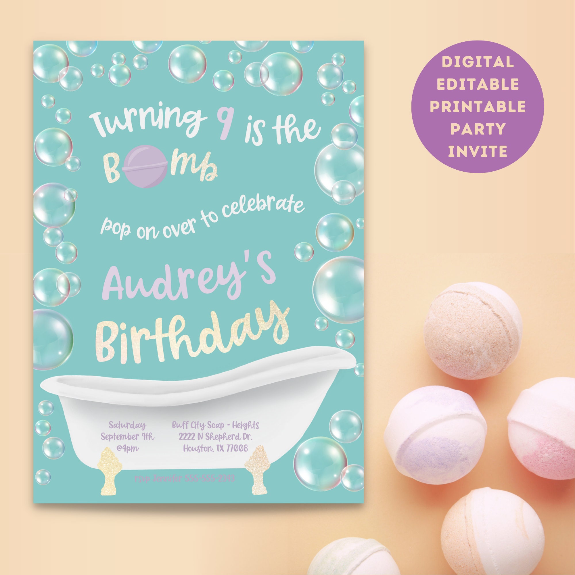 Editable Bath Bomb Birthday Party Invitation Template Spa Party Bath ...