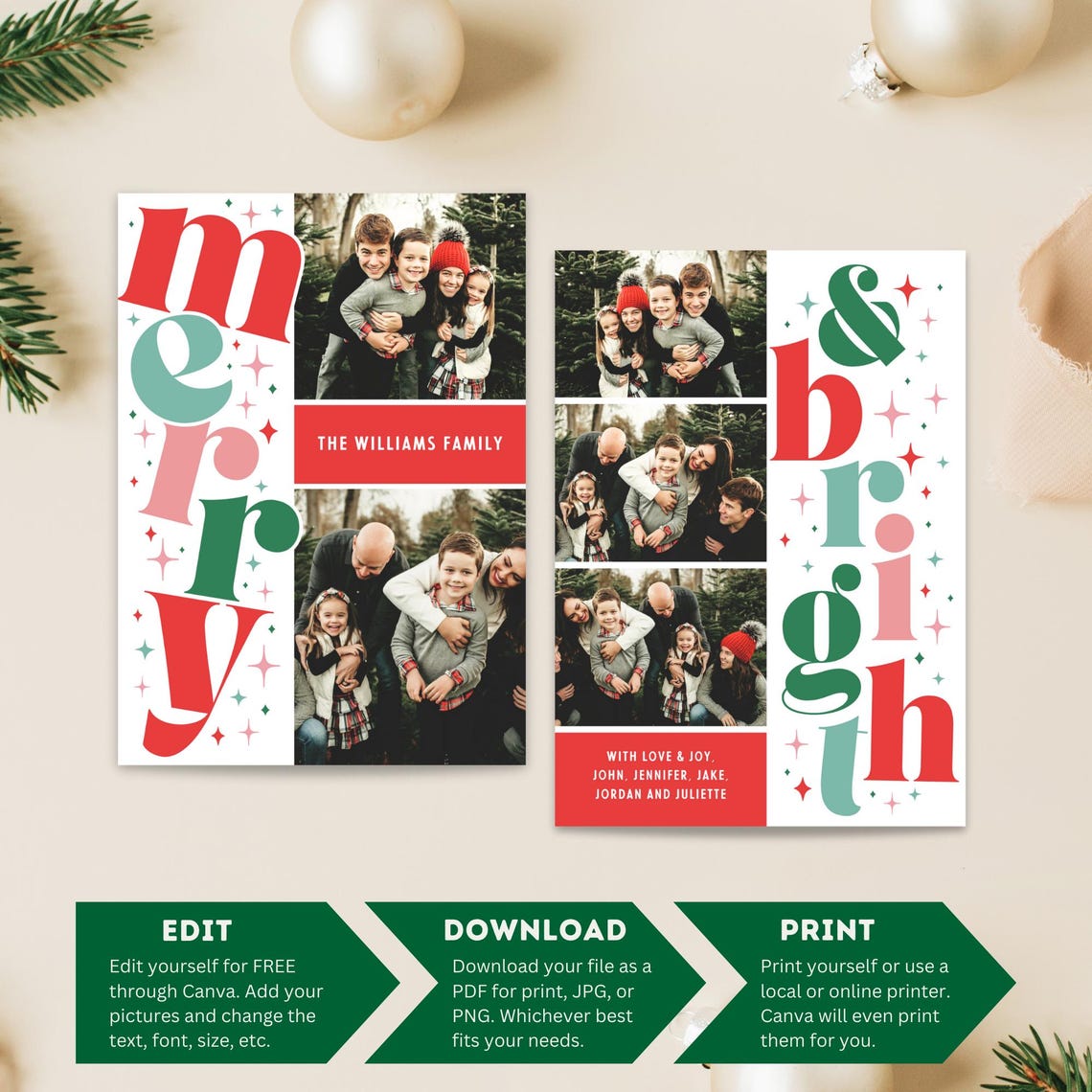 Merry and Bright Christmas Photo Card Template Editable Holiday Family ...
